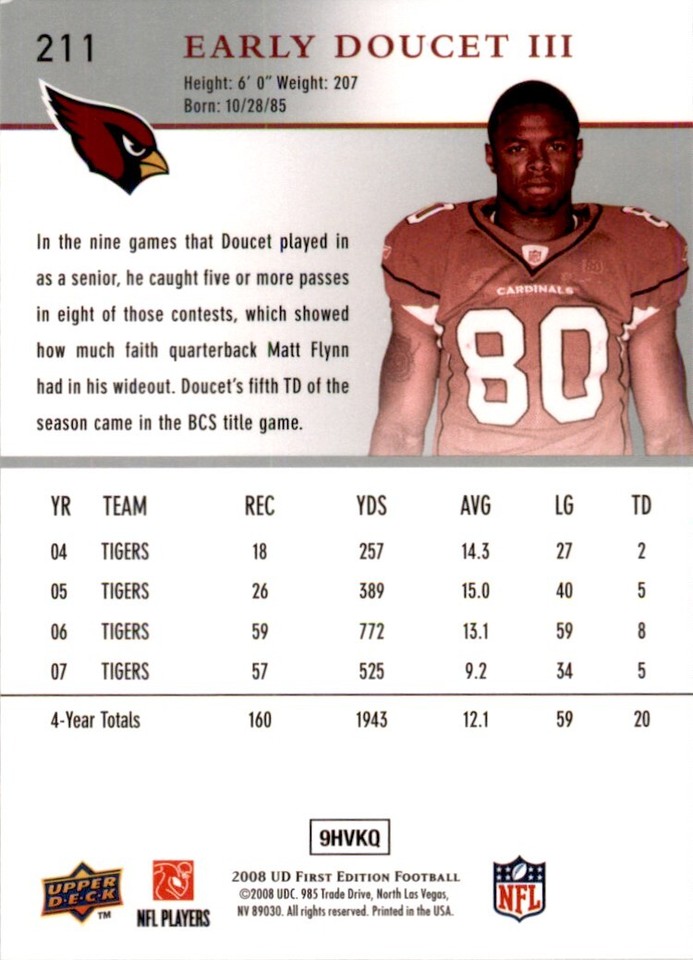2008 Upper Deck First Edition Early Doucet Rookie Arizona Cardinals ...