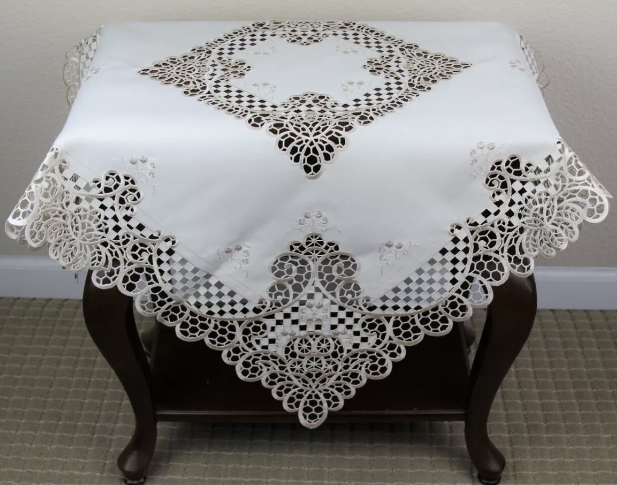 Beige Embroidered tablecloth end table topper fabric embroidery 36x36 ...