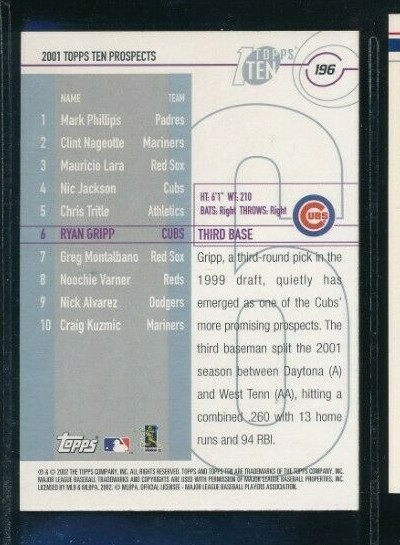 2002 Topps Ten prospects Baseball card #196 Ryan Gripp signed autograph ...