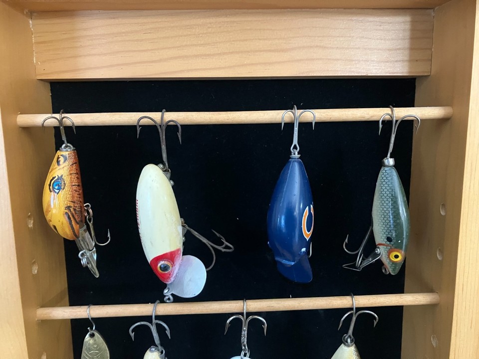 vintage WOODEN + GLASS Fishing Lure Display Case with 15 lures | eBay