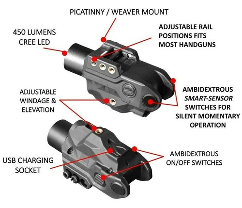 TACTICAL GREEN LASER LIGHT COMBO LED PISTOL GUN RECHARGEABLE BATTERY ...