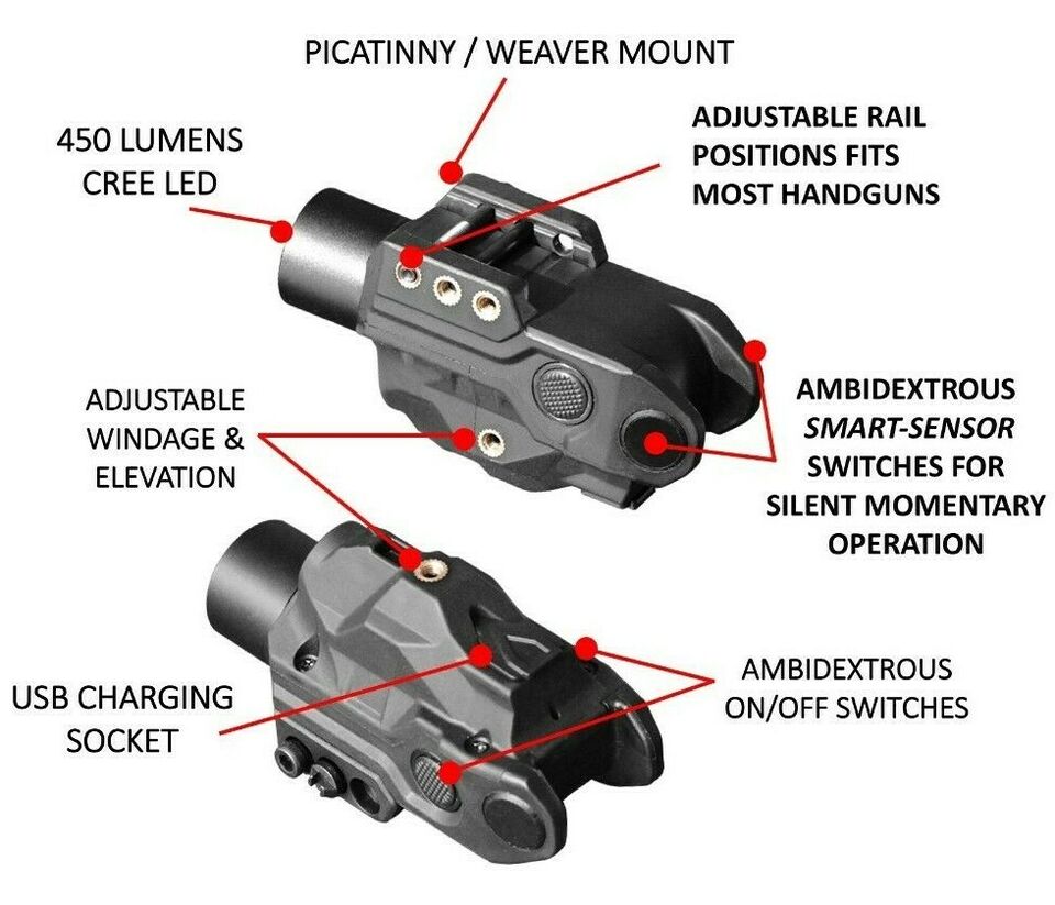 TACTICAL GREEN LASER LIGHT COMBO LED PISTOL GUN RECHARGEABLE BATTERY ...
