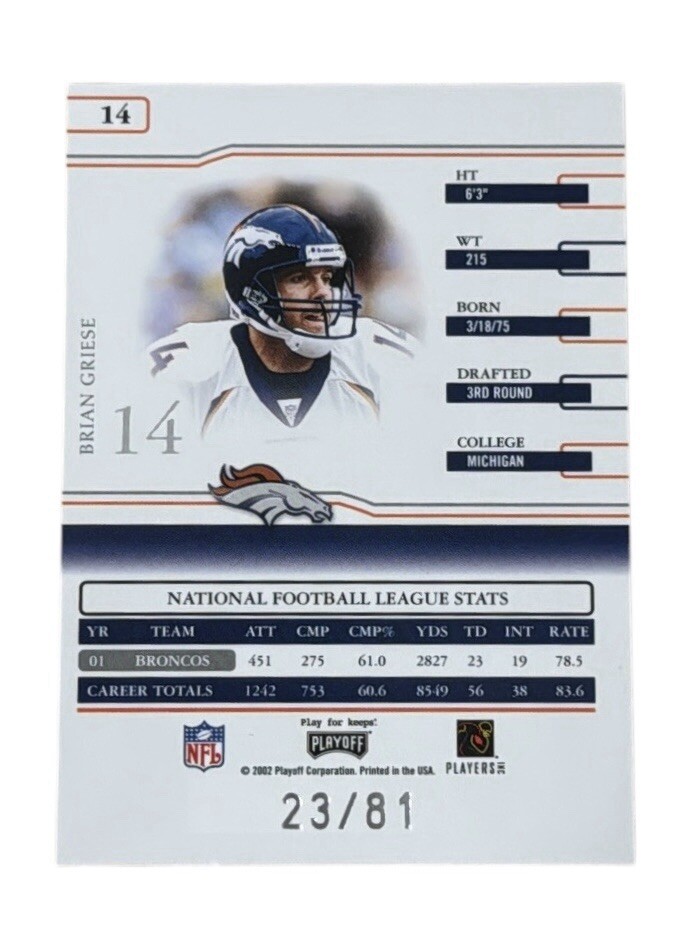 2002 Playoff Prime Signatures Authentic Signatures Brian Griese 14 Auto ...