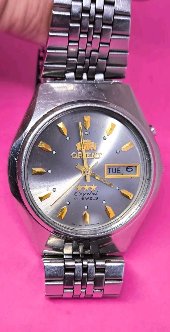 Vintage Orient 3 Star Crystal Day Date Automatic Gray… - Gem