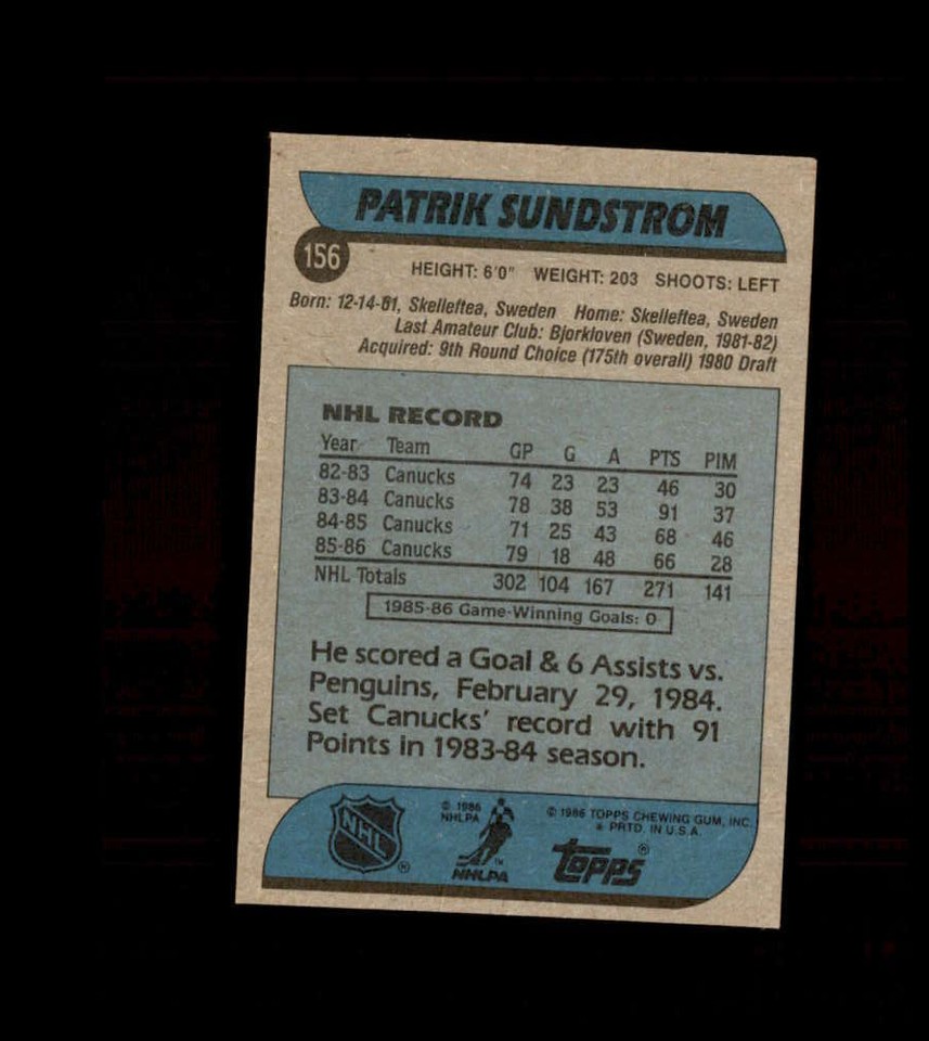 1986 Topps Hockey #156 Patrik Sundstrom STARX 7 NM (CS807783) | eBay