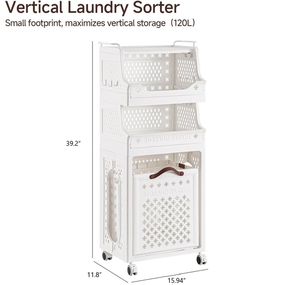 3-Tier Laundry Basket Organizer with Wheels, Stackable Laundry Baskets ...
