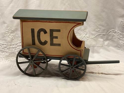 VTG WOODEN CART ICE WAGON REMOVABLE LID ROLLING METAL WHEELS ...