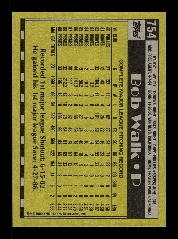BOB WALK ⚾ 1990 Topps Baseball #754 Pittsburgh Pirates | eBay