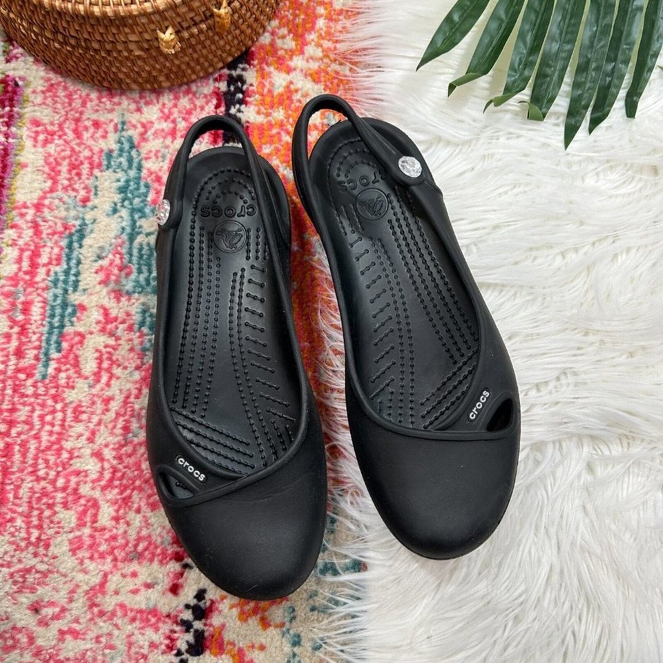 CROCS Neutral Black Lightweight Slip On Ankle Strap Flats Shoes 8 | eBay