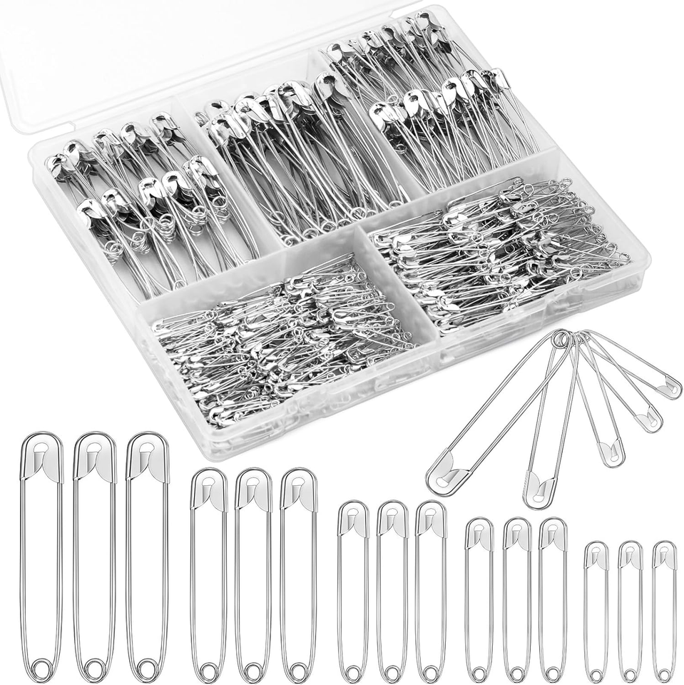 500Pc Safety Pins Bulk 5 Sizes Silver Small & Large for Clothes Sewing ...