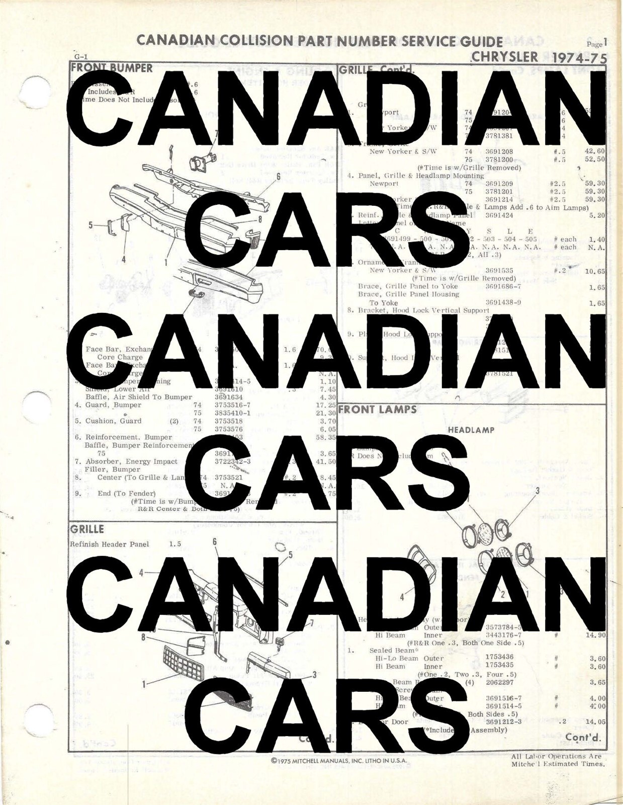 CANADA Collision part numbers 1974-1975 Chrysler parts book Newport New ...