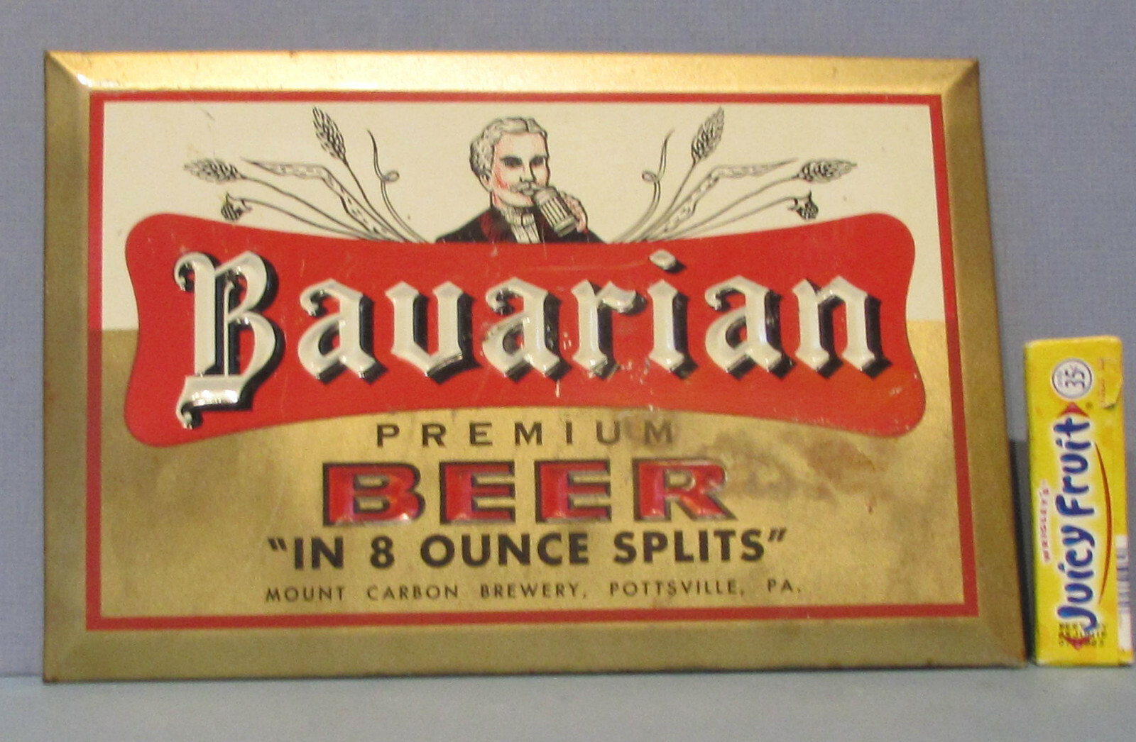 OLD ORIG. BAVARIAN PREMIUM BEER SIGN, TIN OVER CARDBOARD HANG or SIT ...