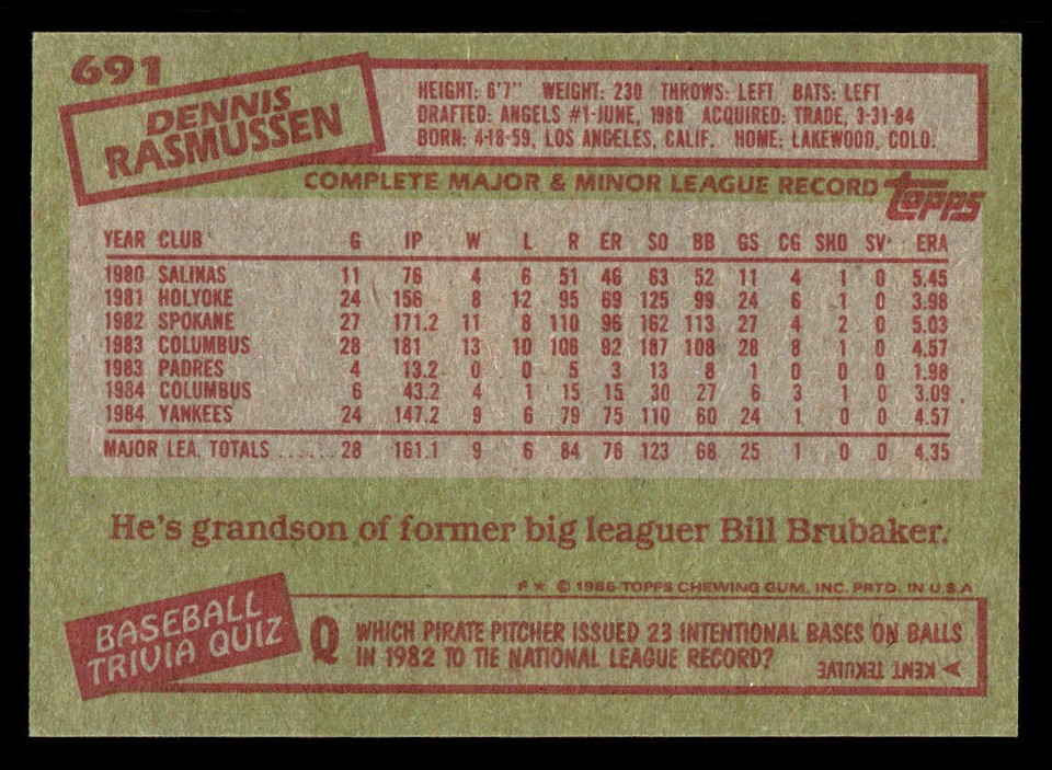 1985 Topps #691 Dennis Rasmussen Card New York Yankees | eBay