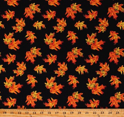 Cotton Fall Leaves Oak Leaf Autumn Splendor Black Fabric Print by Yard ...