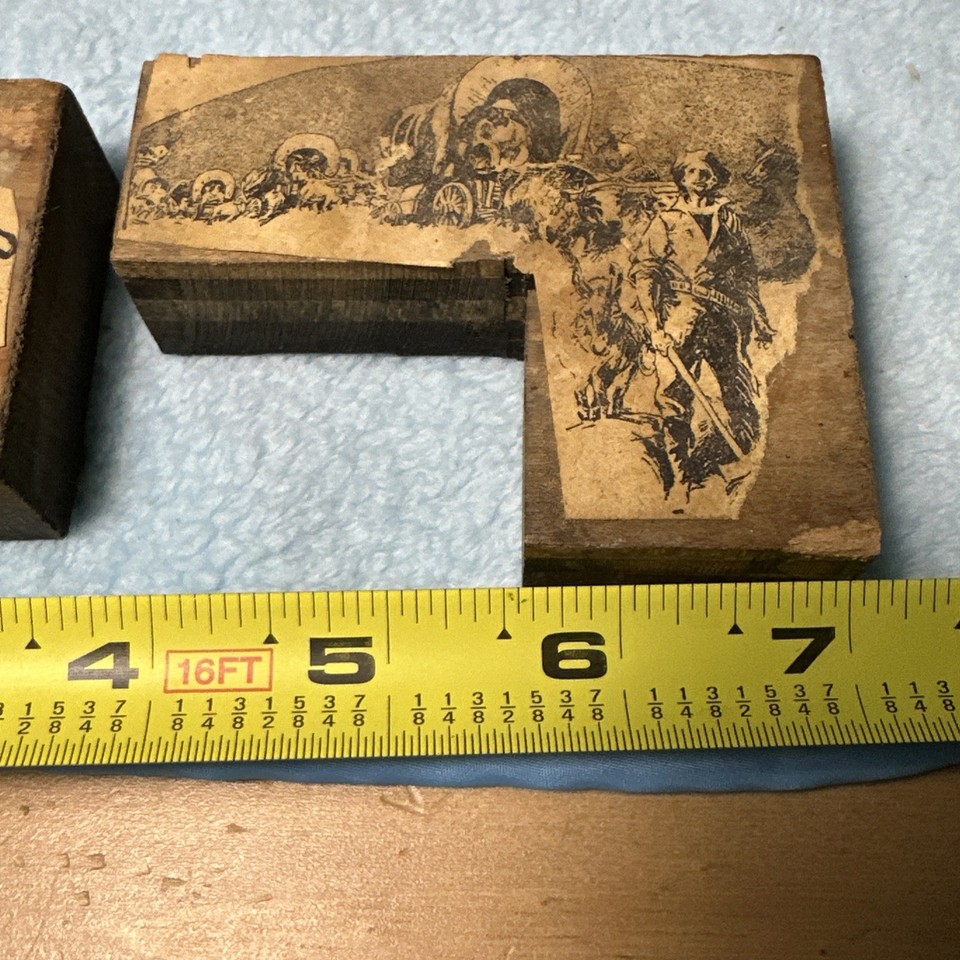 Vtg 2 Letterpress Print Type Cut Block Covered Wagon Cowboys Steer | eBay
