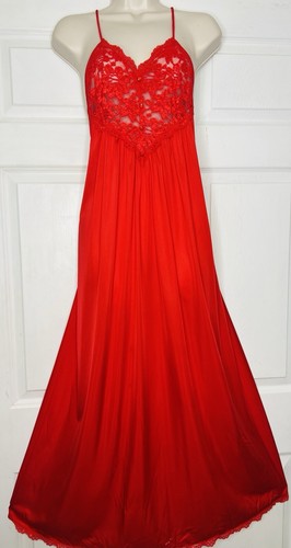 Vintage Shadowline Long Nylon Red Nightgown Peek A Boo Stretch Lace ...
