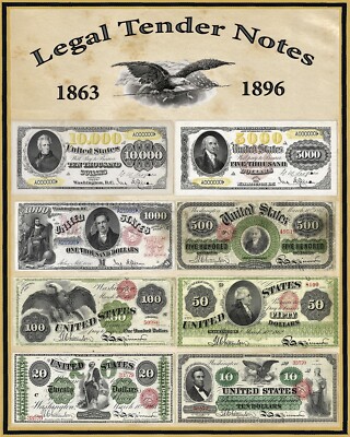 US Legal Tender Currency Poster 16" X 20" $10,000 thru $10 (see credit ...