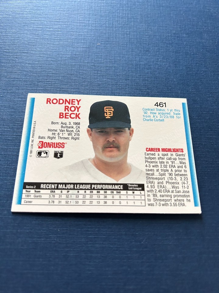 1992 Donruss Baseball Rod Beck Rookie Card #461 Factory Set Break NM-MT ...