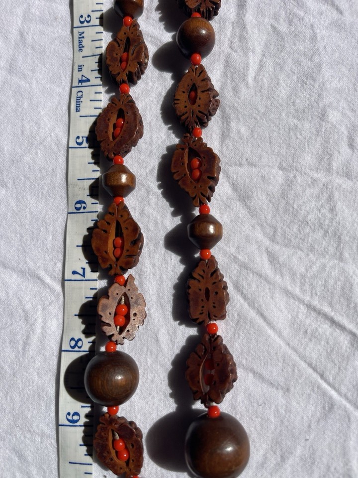 Antique Chinese Hand Carved Walnut Tree Seed Bead with Red Coral Beads ...