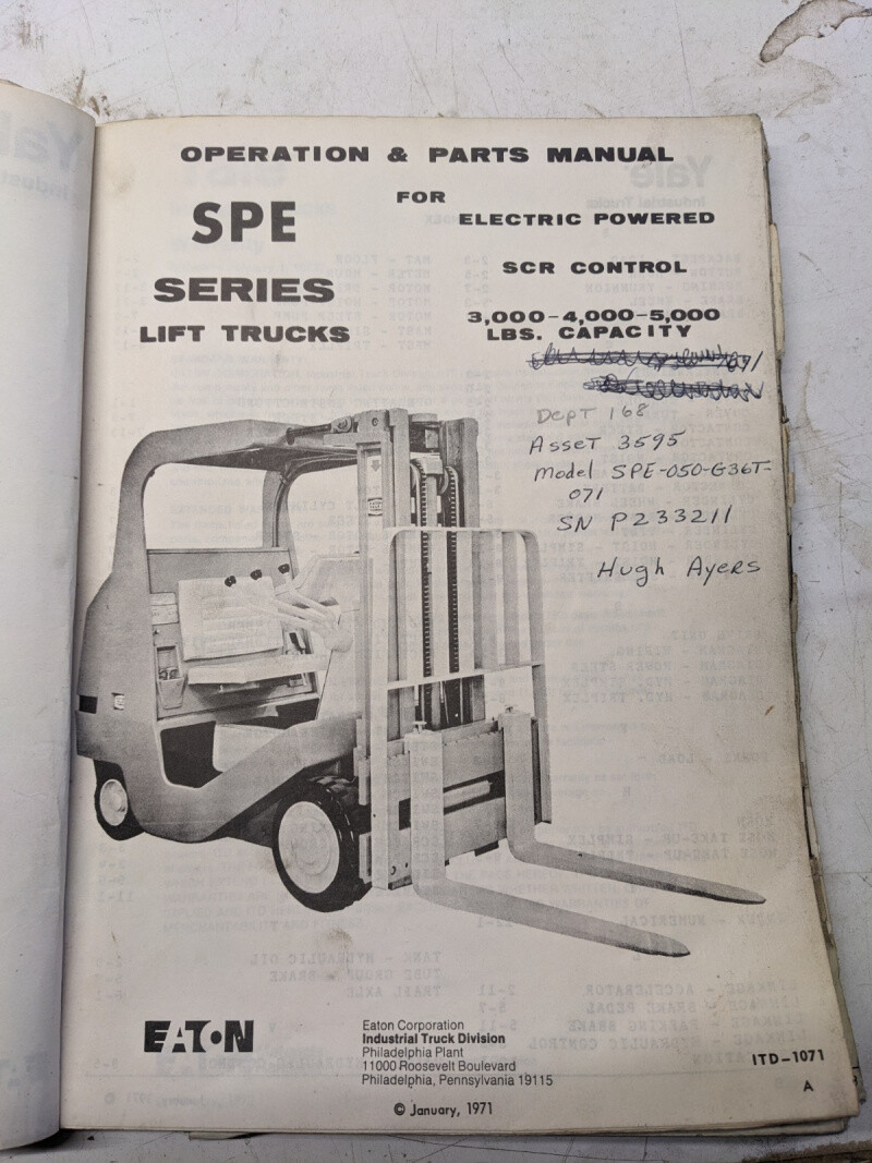 YALE FORK LIFT OPERATION & PARTS LIST BOOK MANUAL SPE SERIES 030 040 ...