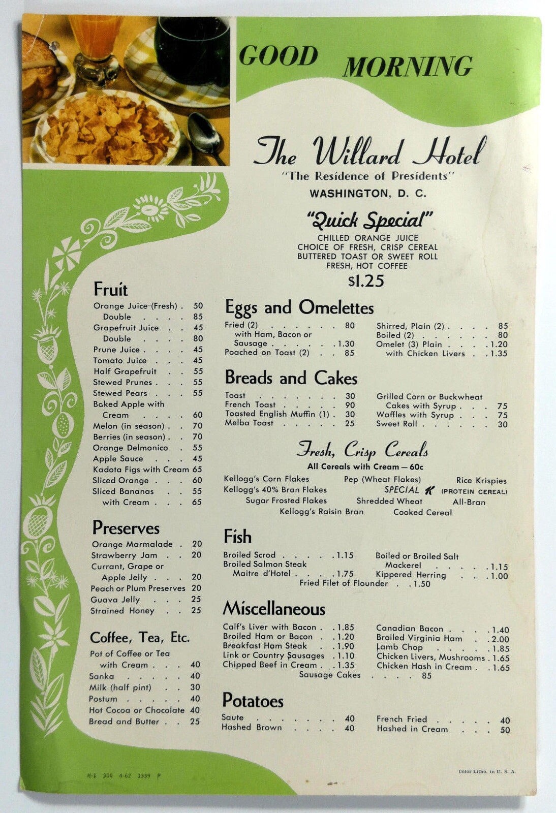 1962 Original Vintage Breakfast Menu Card THE WILLARD HOTEL Washington ...