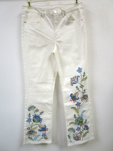DIANE GILMAN WHITE FLORAL DESIGN EMBELLISHED BOOT CUT JEANS SIZE 12 ...