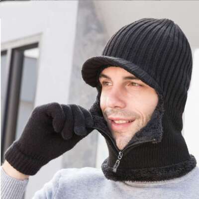 Winter Hat for Men Skullies Beanie Hat Snow Ski Zipper Mask Neck Warm ...