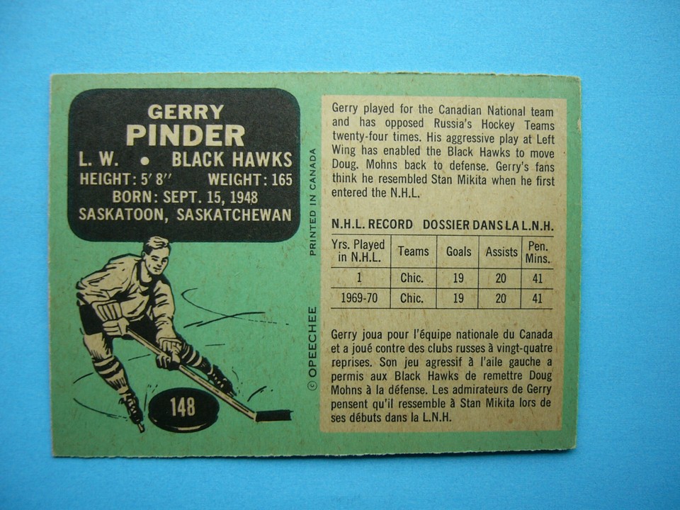 1970/71 O-PEE-CHEE NHL HOCKEY CARD 148 GERRY PINDER ROOKIE VGEX NICE ...