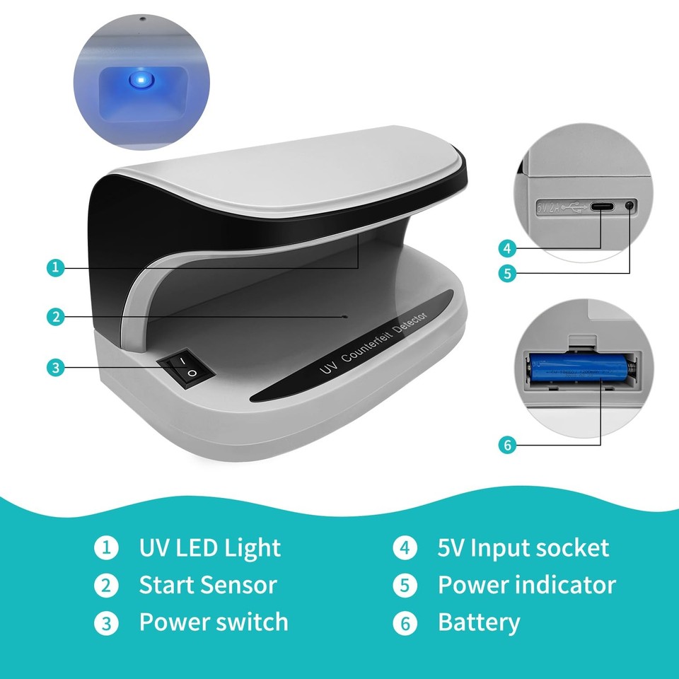 UV Counterfeit Bill Money Detector, LED Light Currency Check, Auto ON ...