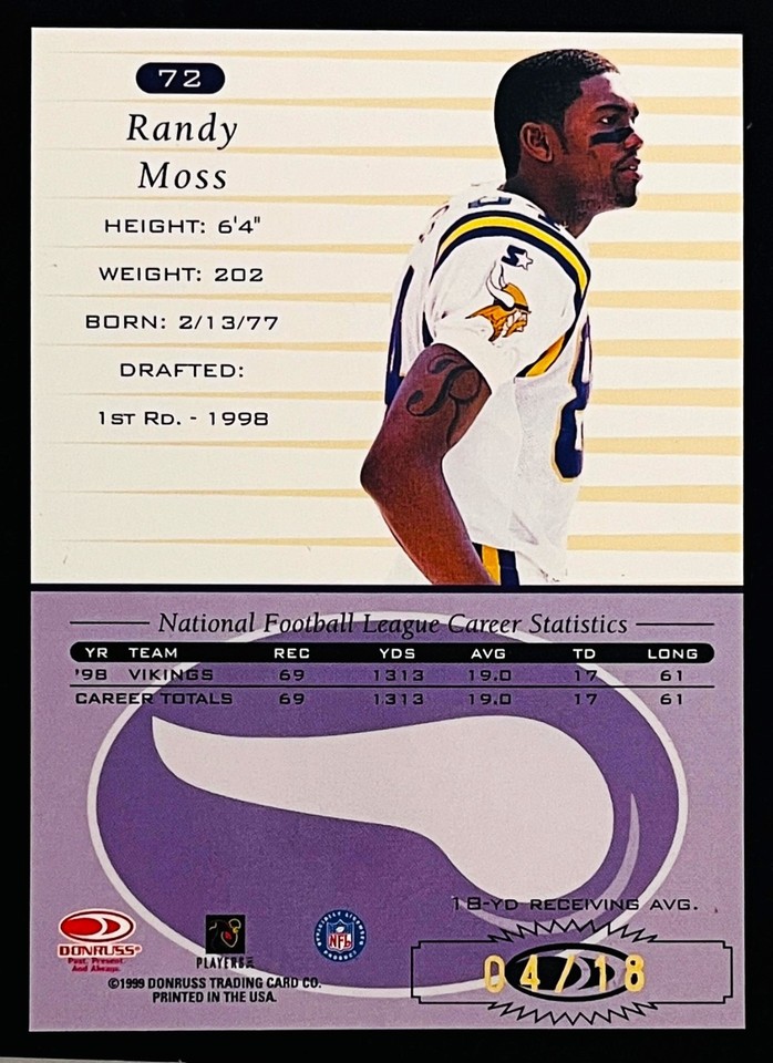 1999 DONRUSS STAT LINE CAREER #72 - RANDY MOSS - (#/18) - ONLY 18 MADE ...