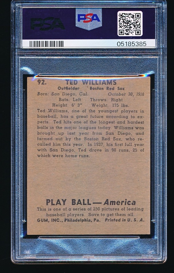 1939 Play Ball TED WILLIAMS Rookie #92 PSA 8 - CENTERED | eBay
