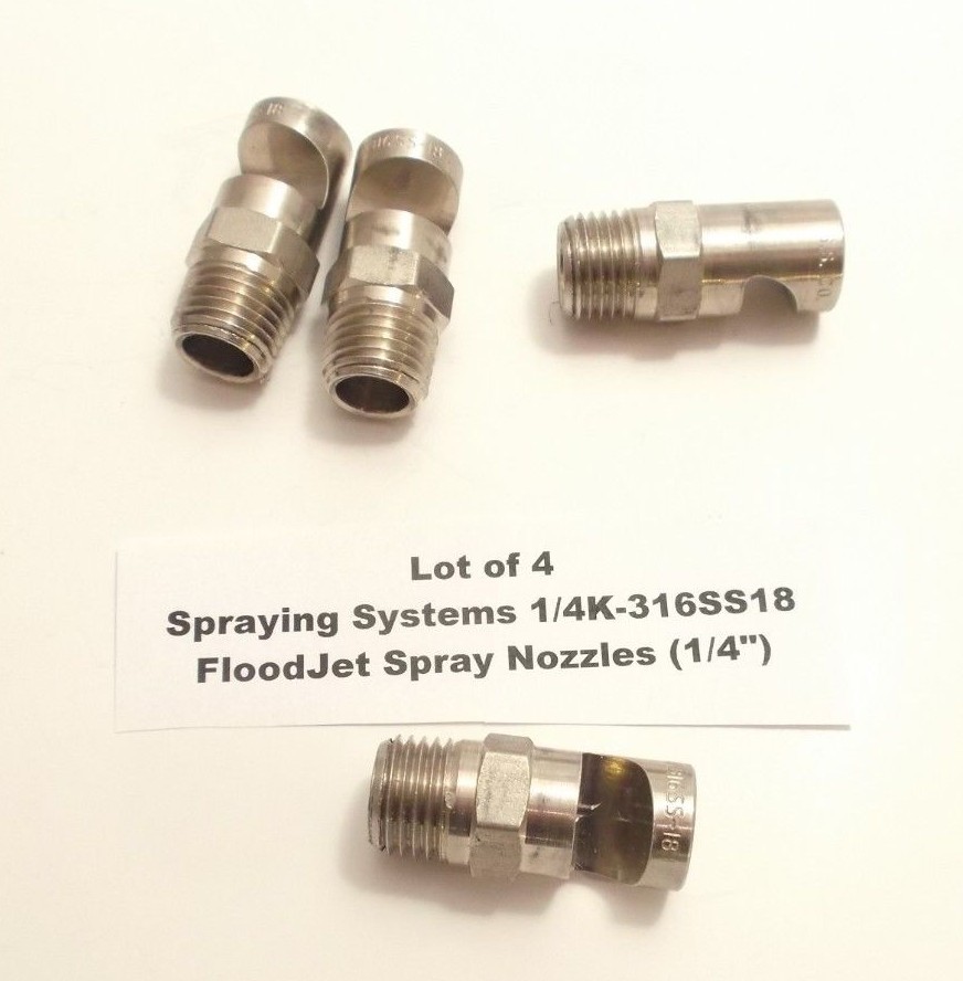 (4) Spraying Systems 1/4K-316SS18 FloodJet Spray Nozzles (1/4") 3.6gpm ...