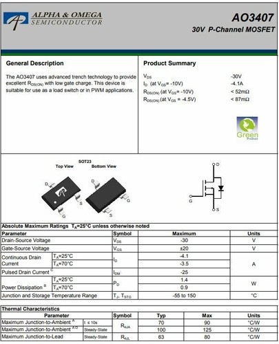 AO3407 A79T 30V - 4.1A - 1.4W P-Channel Trench MOSFET Transistor SMD ...