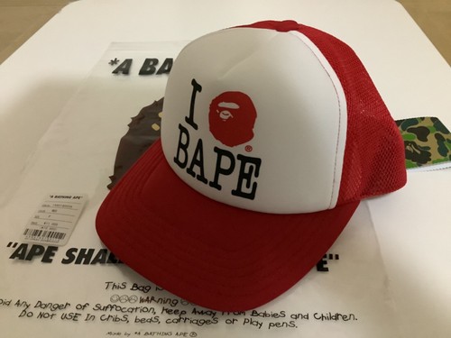 Authentic a bathing ape bape I love bape mesh cap trucker hat red new ...