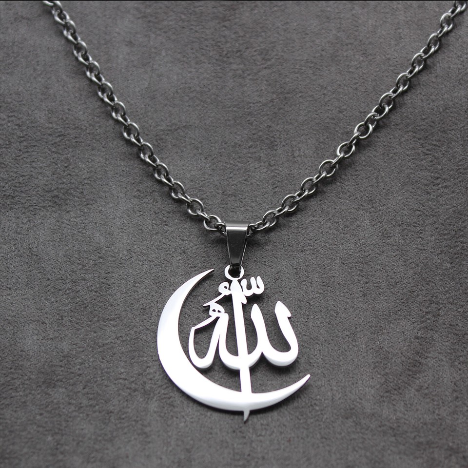 Silver Plated Stainless Steel Allah And Moon Necklace Chain Muslim ...