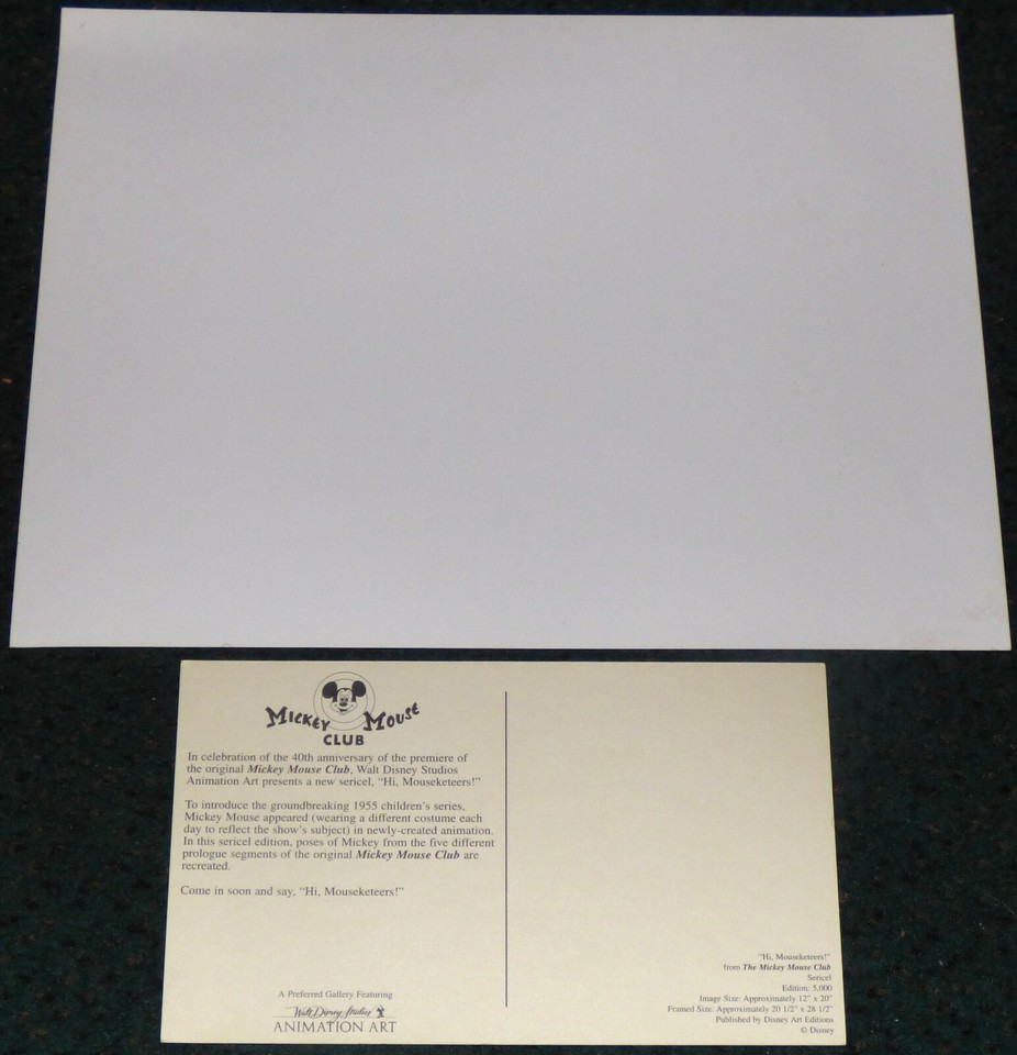 WALT DISNEY MICKEY MOUSE CLUB HI MOUSEKETEERS CEL PROMO CARD + PAGE ...