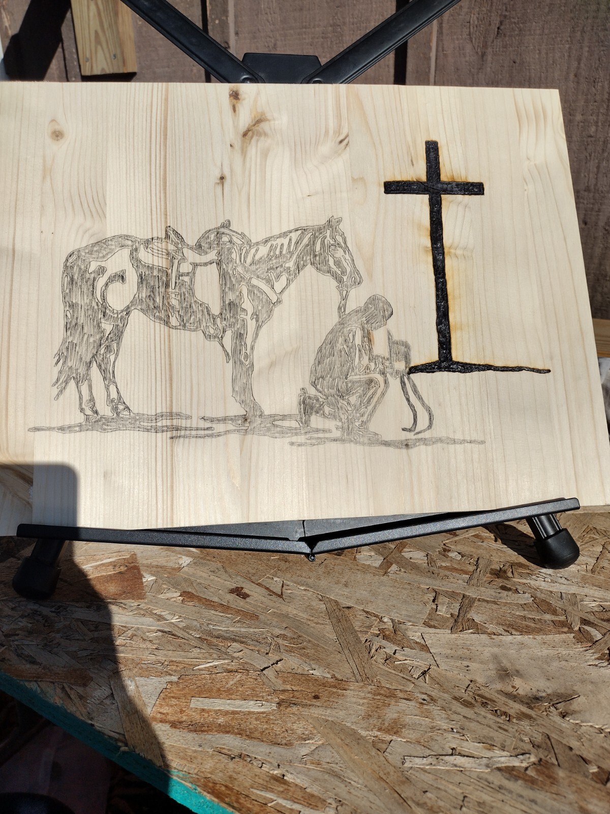 Solar Pyrography wood burning praying cowboy western religion horses | eBay