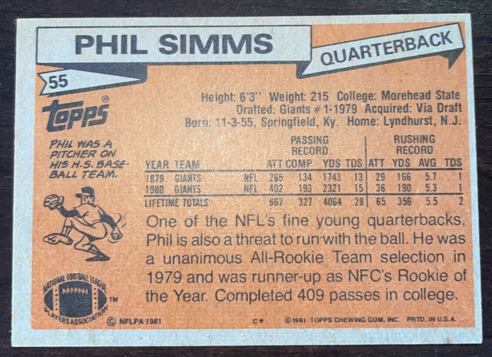 1981 Topps Football Card Phil Simms #55 New York Giants | eBay