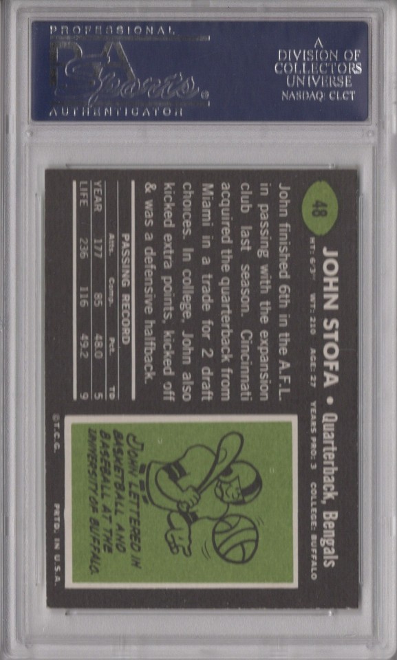 John Stofa 1969 Topps PSA 7 NM Graded Card Cincinnati Bengals Rookie ...