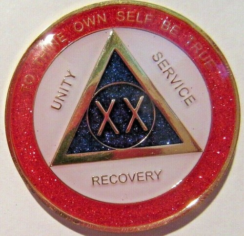 RED White BLUE SPARKLE Alcoholics Anonymous medallion 20 Year AA Coin ...