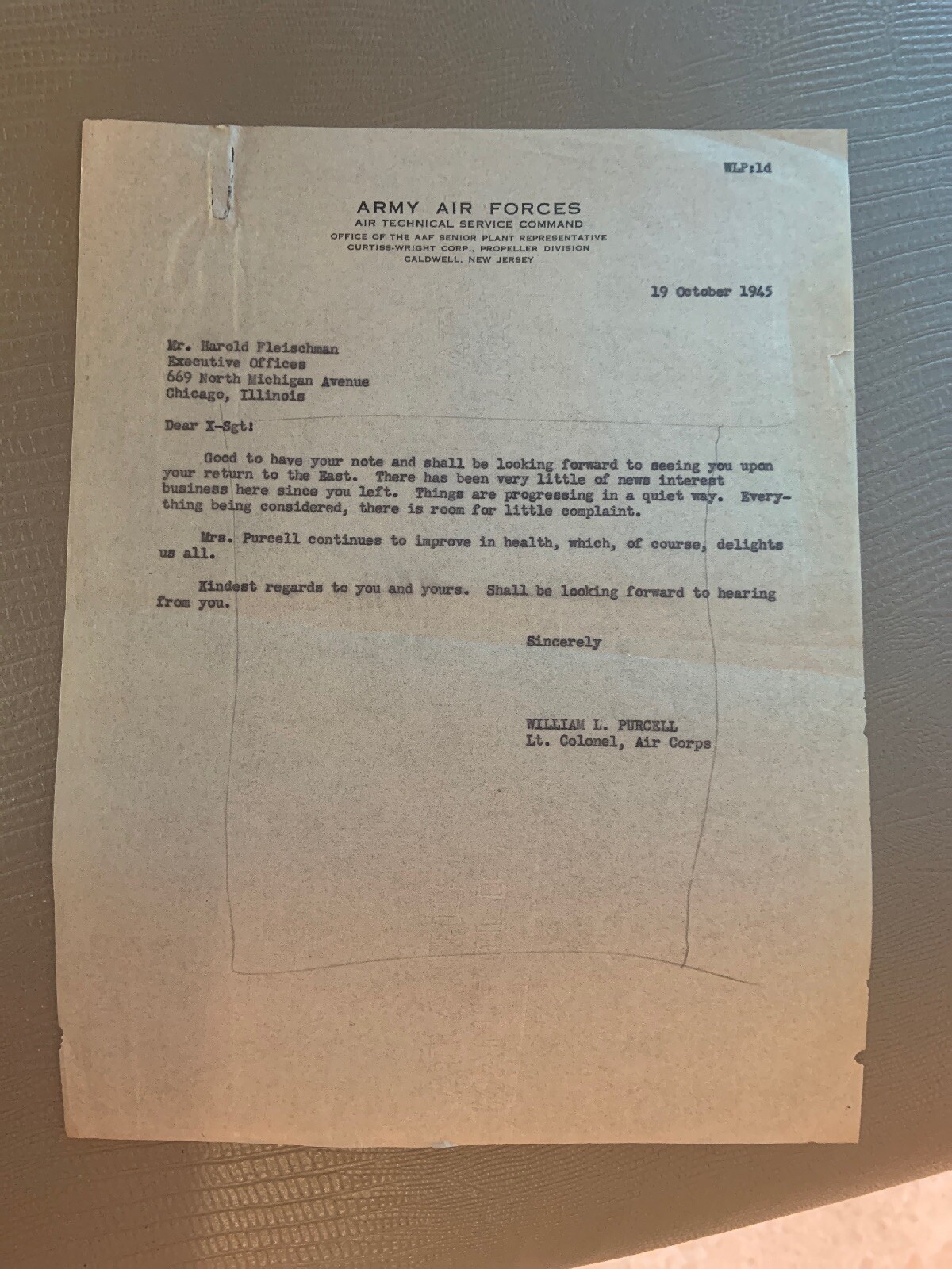 1945 ww2 Curtiss Wright Purcell Colonel Letter Usa Air Force Propeller ...