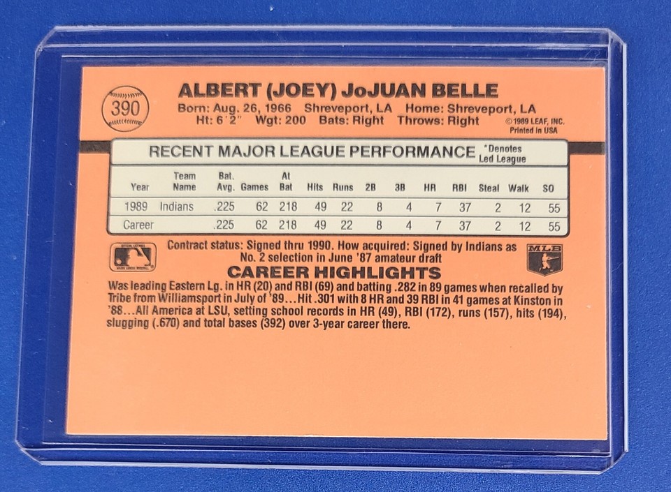 1990 Donruss #390 Albert "Joey" Belle Cleveland Indians Rookie Baseball ...