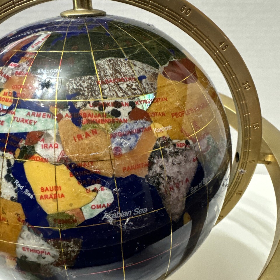 LARGE 12" x 12 Gemstone World Globe Compass Tripod Metal Footed Stand ...