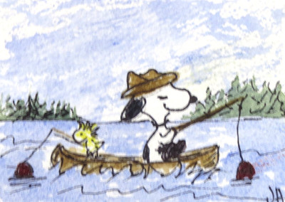 ACEO Snoopy and Woodstock "Fishing-5" by Janet Hufnagle Peanuts Friends ...