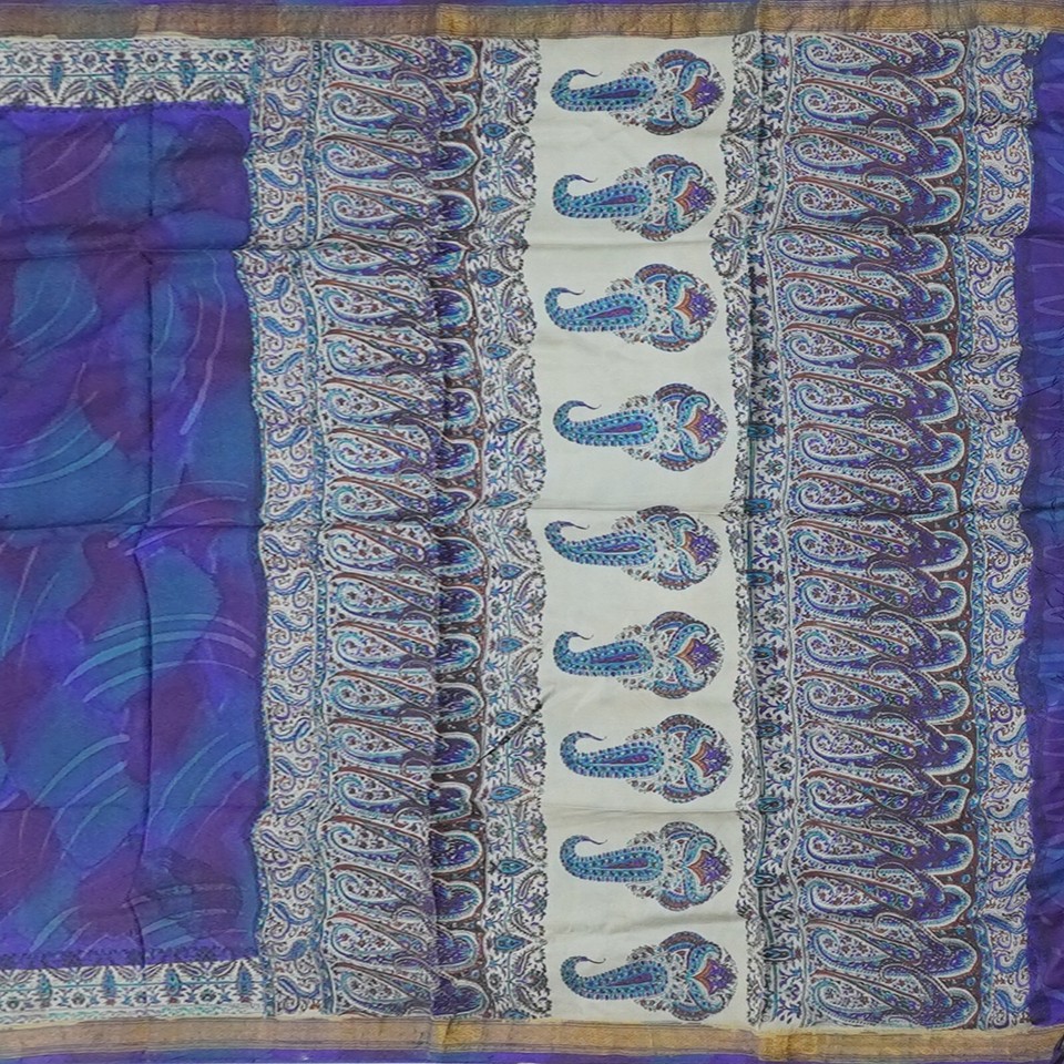 Vintage Blue Sarees 100% Pure Silk Printed Zari Border Sari 5YD Craft ...