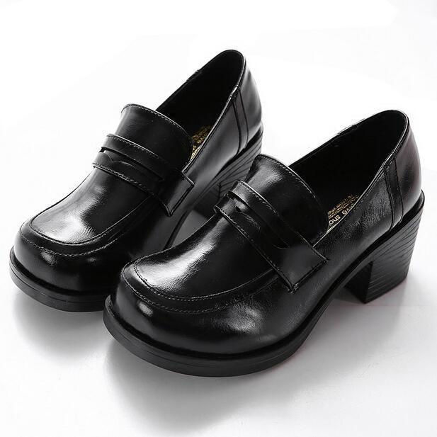 Womens Block Heels Shoes Japanese School Girls Slip On Brogue Oxfords ...