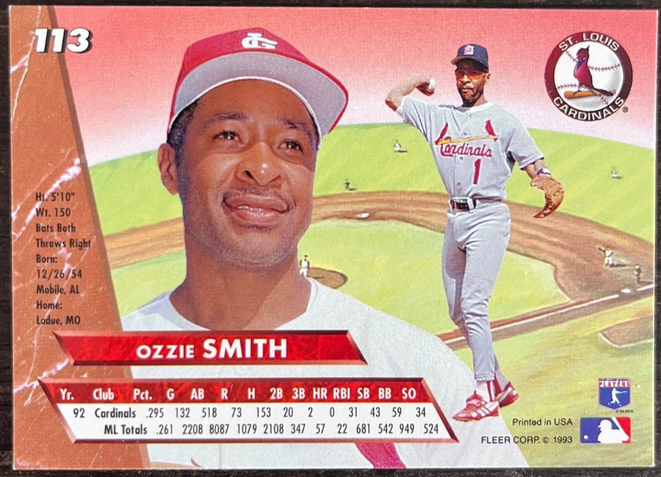 1993 Fleer Ultra #113 Ozzie Smith St. Louis Cardinals Major League ...