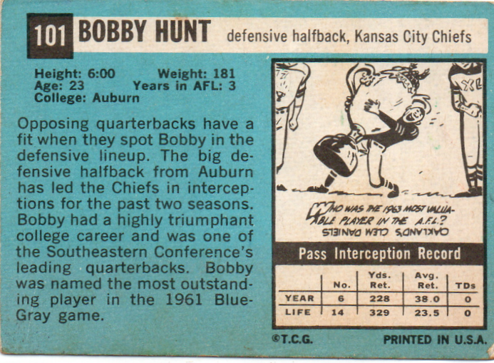 BOBBY HUNT 1964 TOPPS FOOTBALL CARD #101 CHIEFS VG A62 | eBay