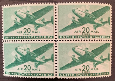 1941 SCOTT #C29 US 20C AIRMAIL STAMP TWIN MOTORED PLANE BLOCK PLATE OF ...