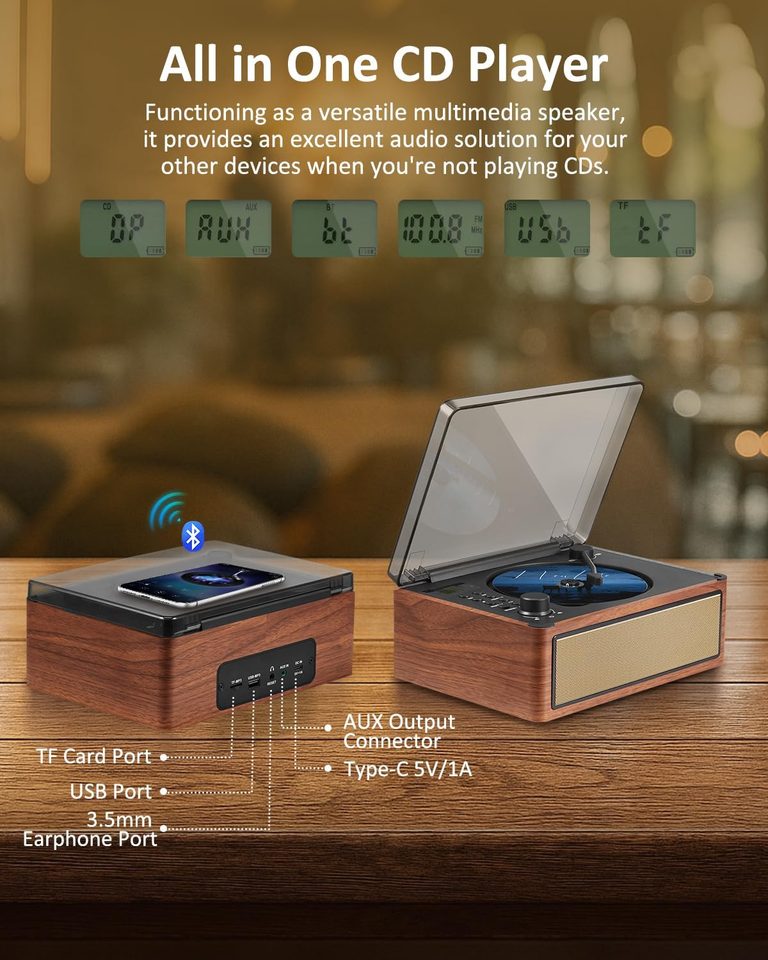 Retro CD Player Boombox, Dual Hifi Speakers with Bluetooth In/Out ...